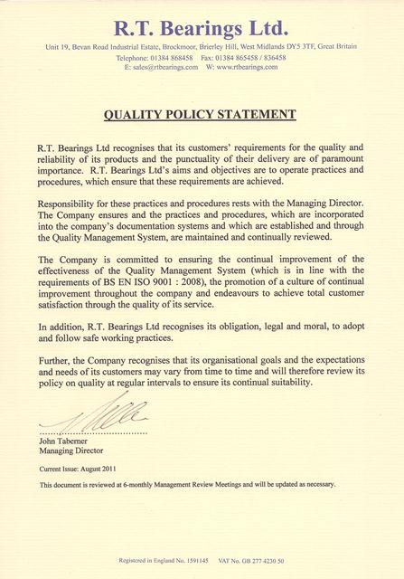 Quality Policy Statement | RT Bearings