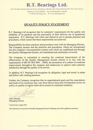 Quality Policy Statement | RT Bearings